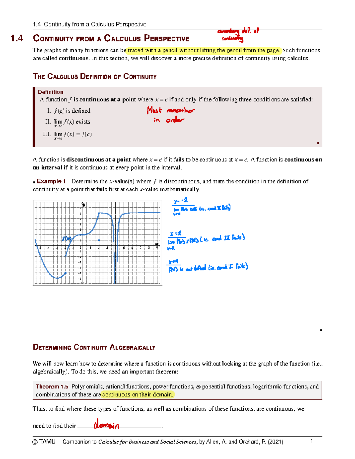 1.4 Notes - 1 Continuity from a Calculus Perspective The graphs of many ...