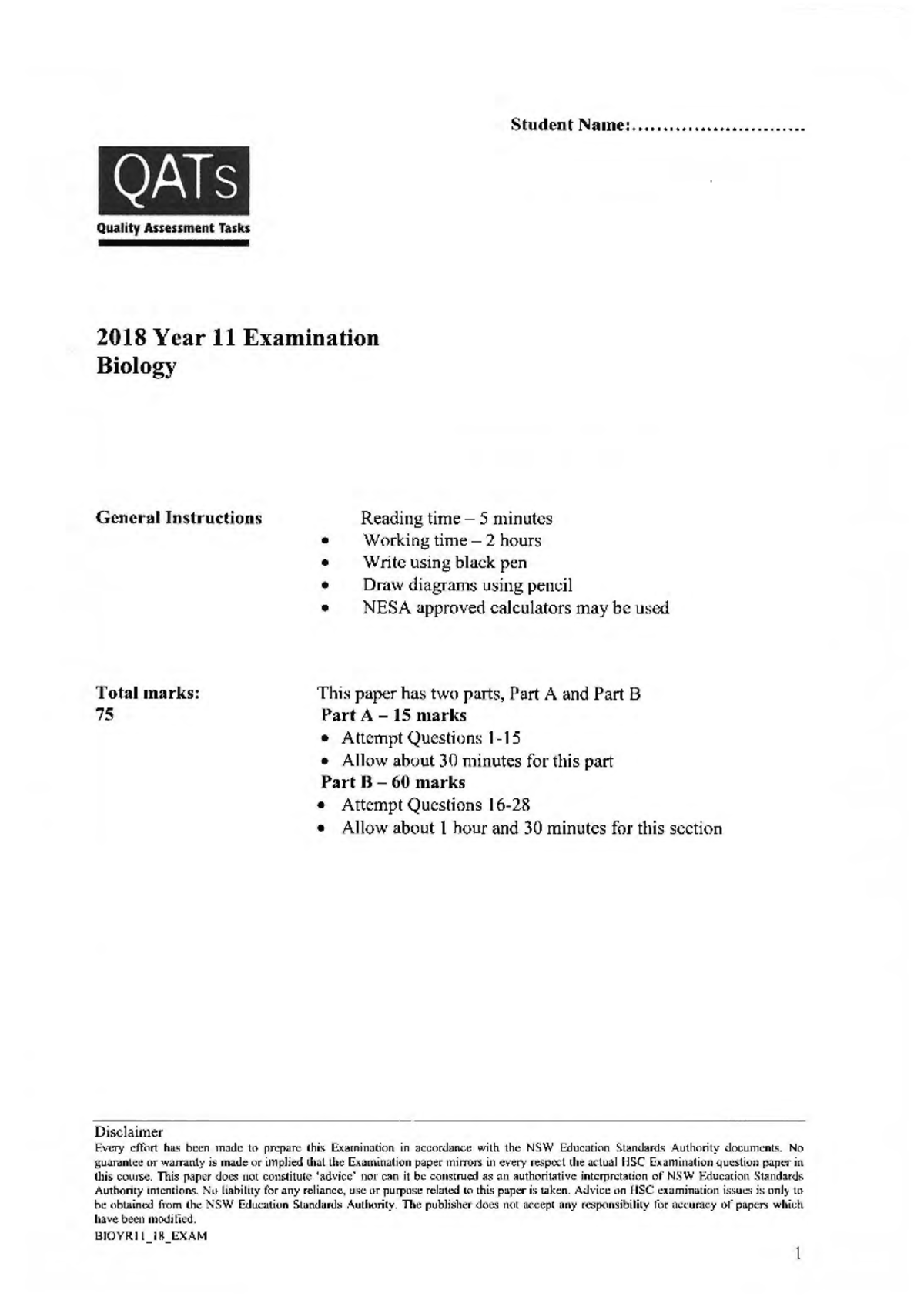 Biology Y11 Yearly - uhuih - Student Name: QATs Quality Assessment ...