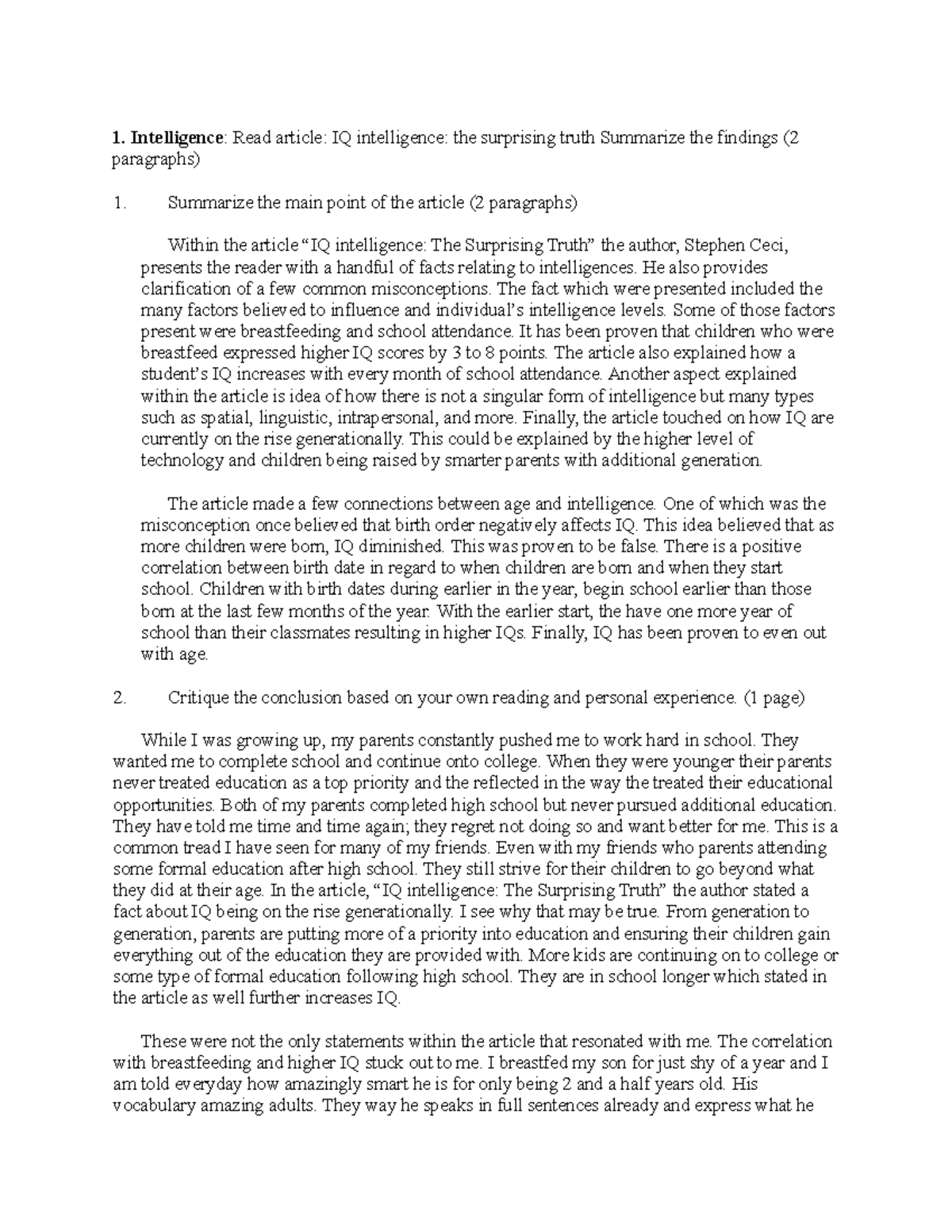 Psyc assignment 6 - homework - 1. Intelligence : Read article: IQ ...