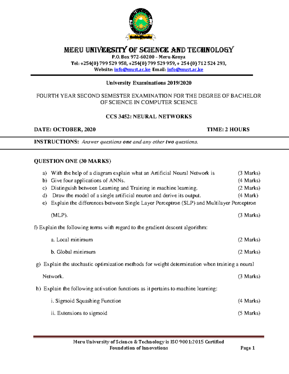CCS 3452 Neural Networks - Meru University of Science & Technology is ...