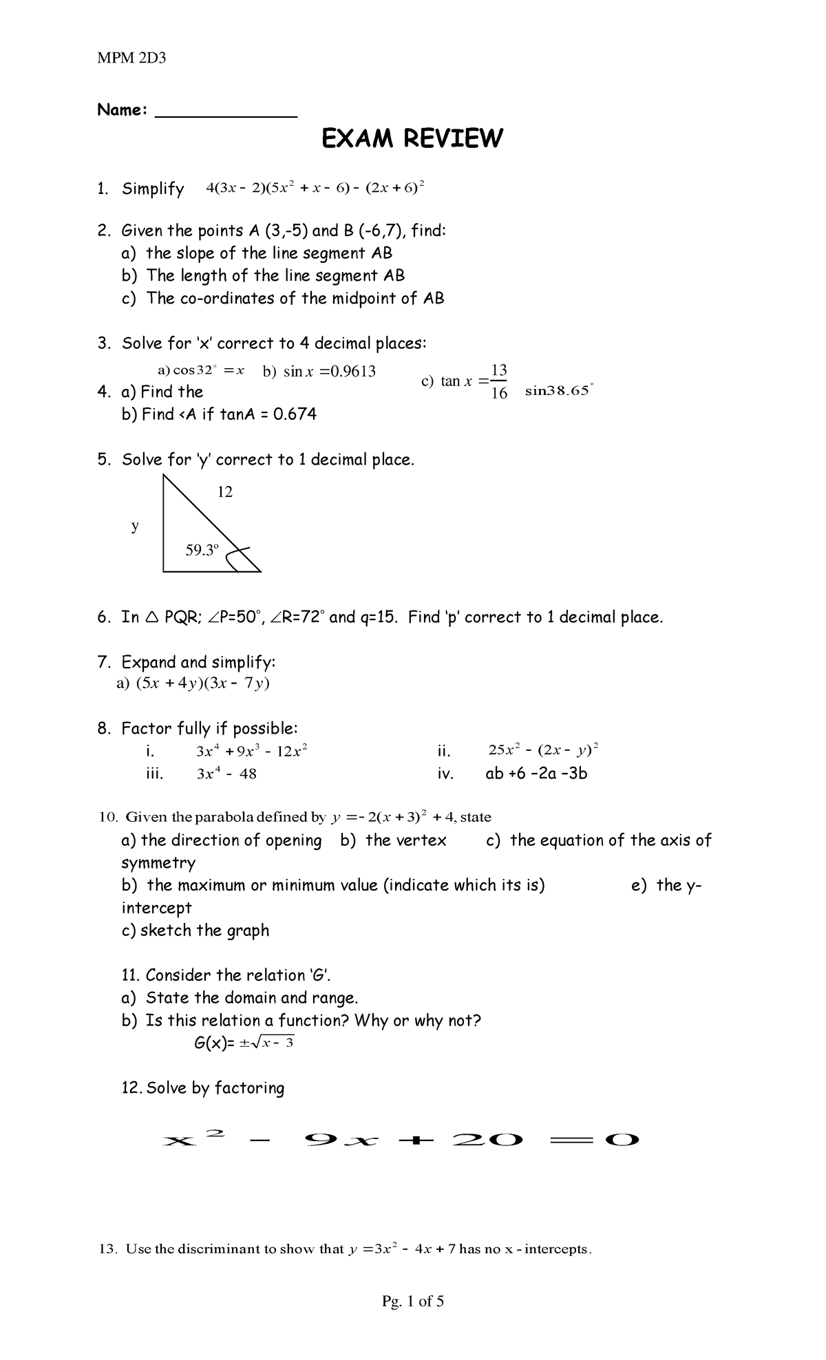 ExamReview10MaCS Name EXAM REVIEW 1 Simplify 2 2 3 4