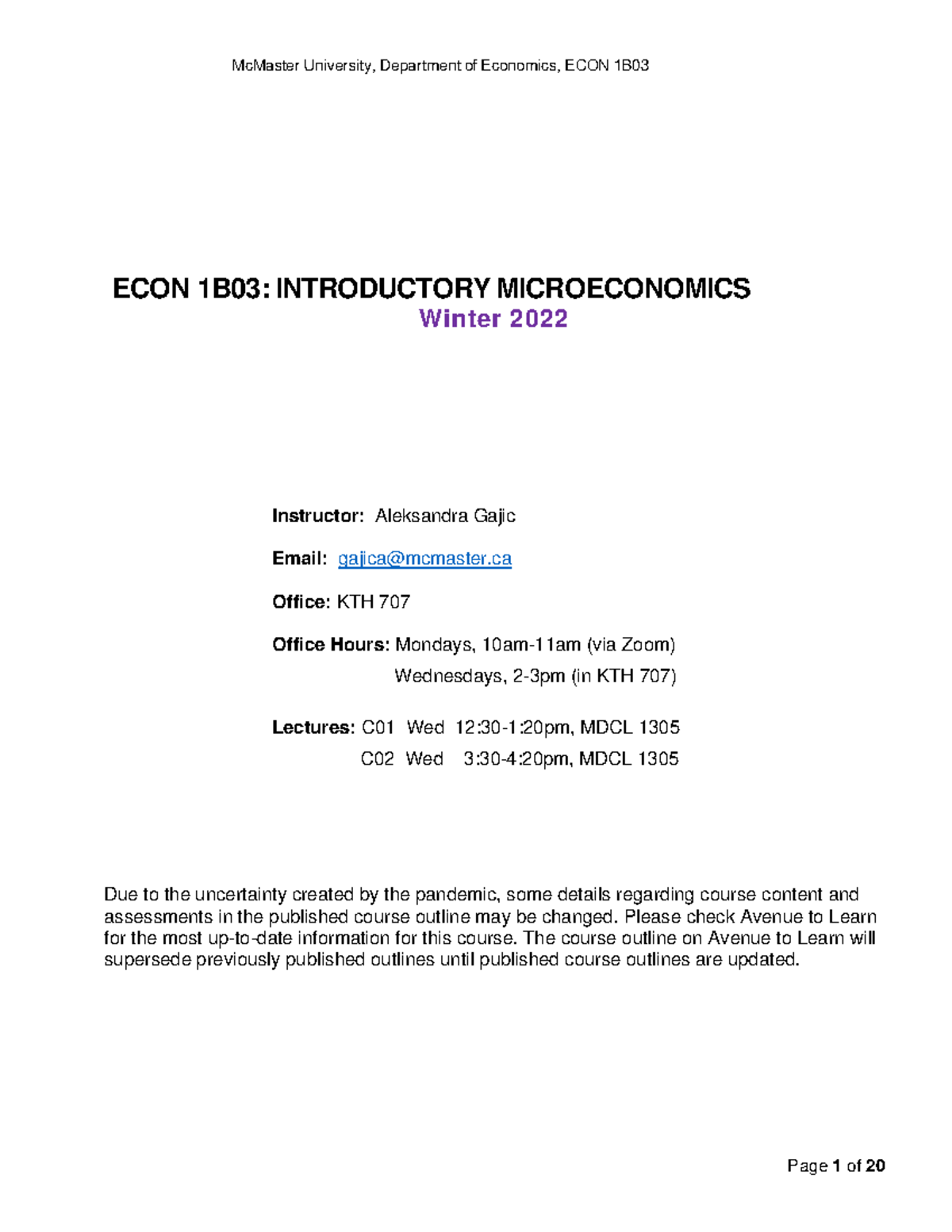 Econ 1B03 CO3 Course Outline Winter 2022 Gajic - ECON 1B03 ...
