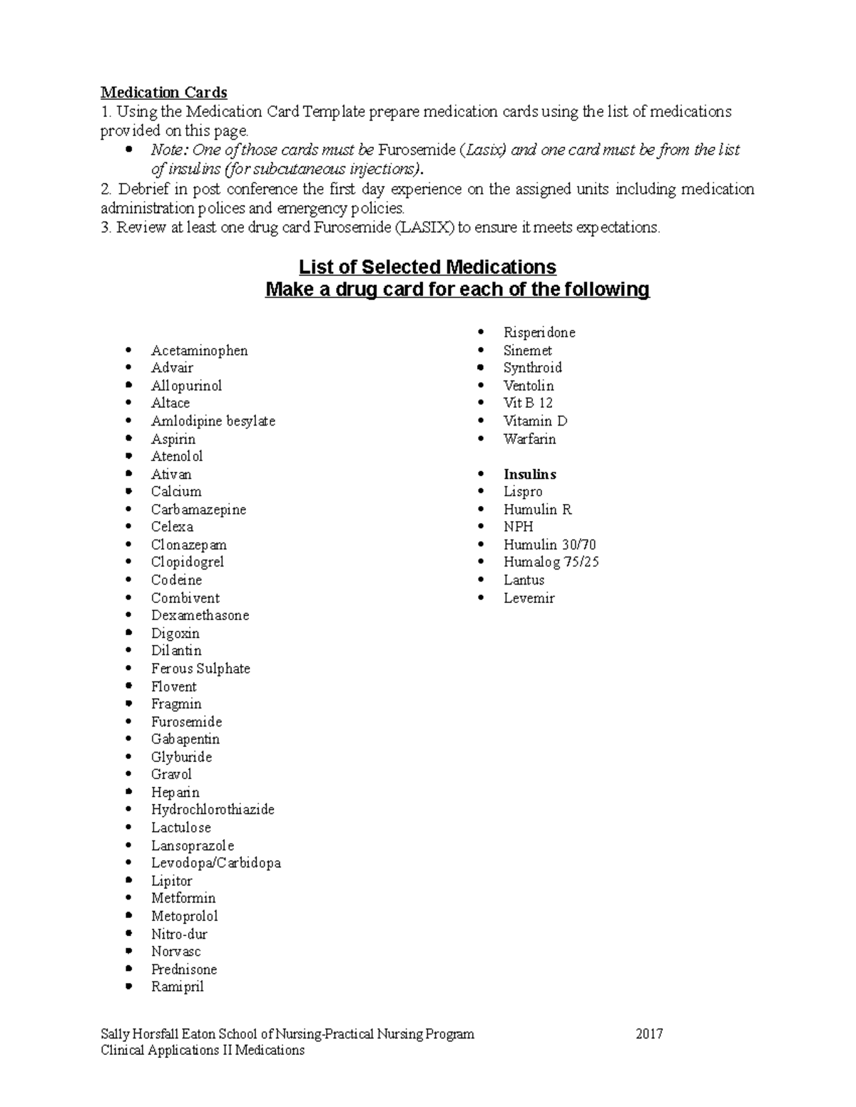 Medication List for Drug Cards (1) - Medication Cards 1. Using the ...