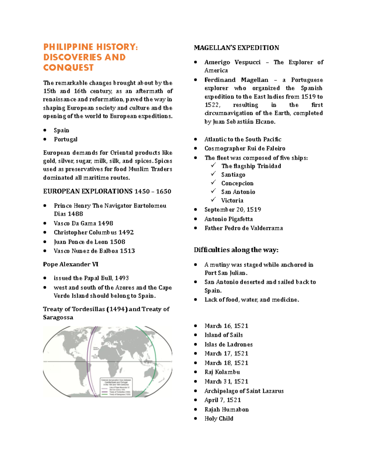 Reviewer- Bonifacio - PHILIPPINE HISTORY: DISCOVERIES AND CONQUEST The remarkable changes ...