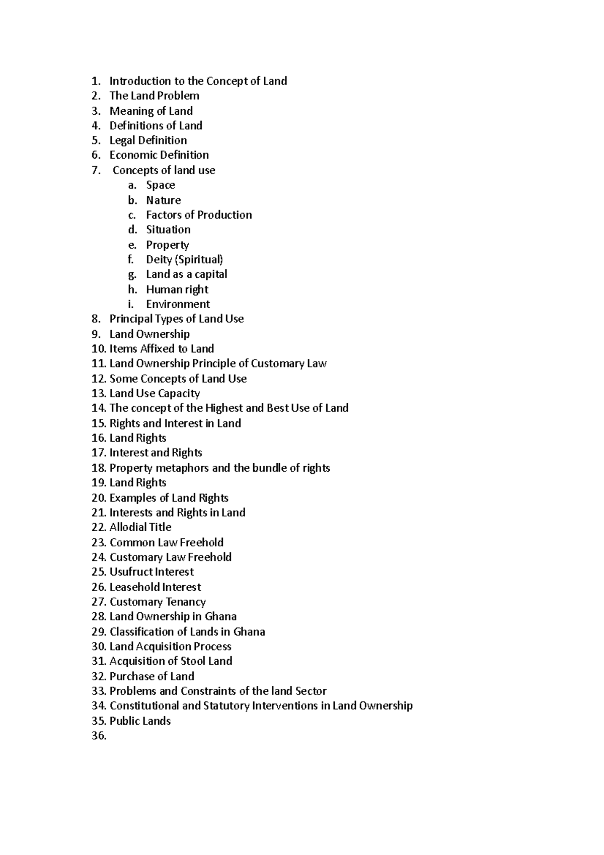 Course Outline - Introduction to the Concept of Land The Land Problem ...