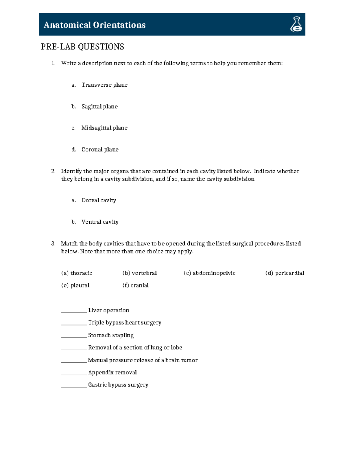AP 5045 L01 Anatomical Orientations - PRE-LAB QUESTIONS 1. Write a ...