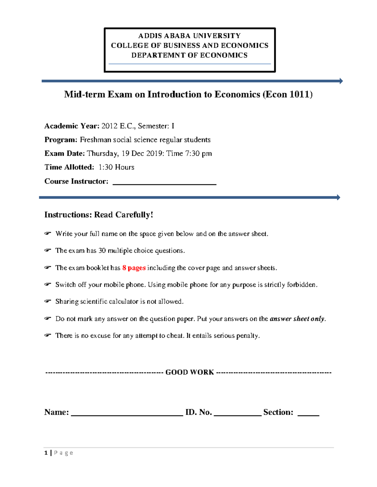 Last Year Mid Exam Questions - Mid-term Exam on Introduction to ...