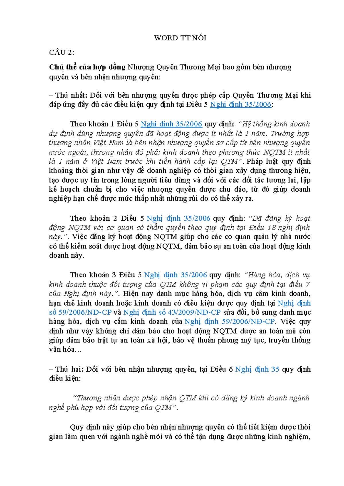 Lời Thuyết trình CÂU 2 B8 - WORD TT NÓI CÂU 2: Chủ thể của hợp đồng Nhượng Quyền Thương Mại bao ...