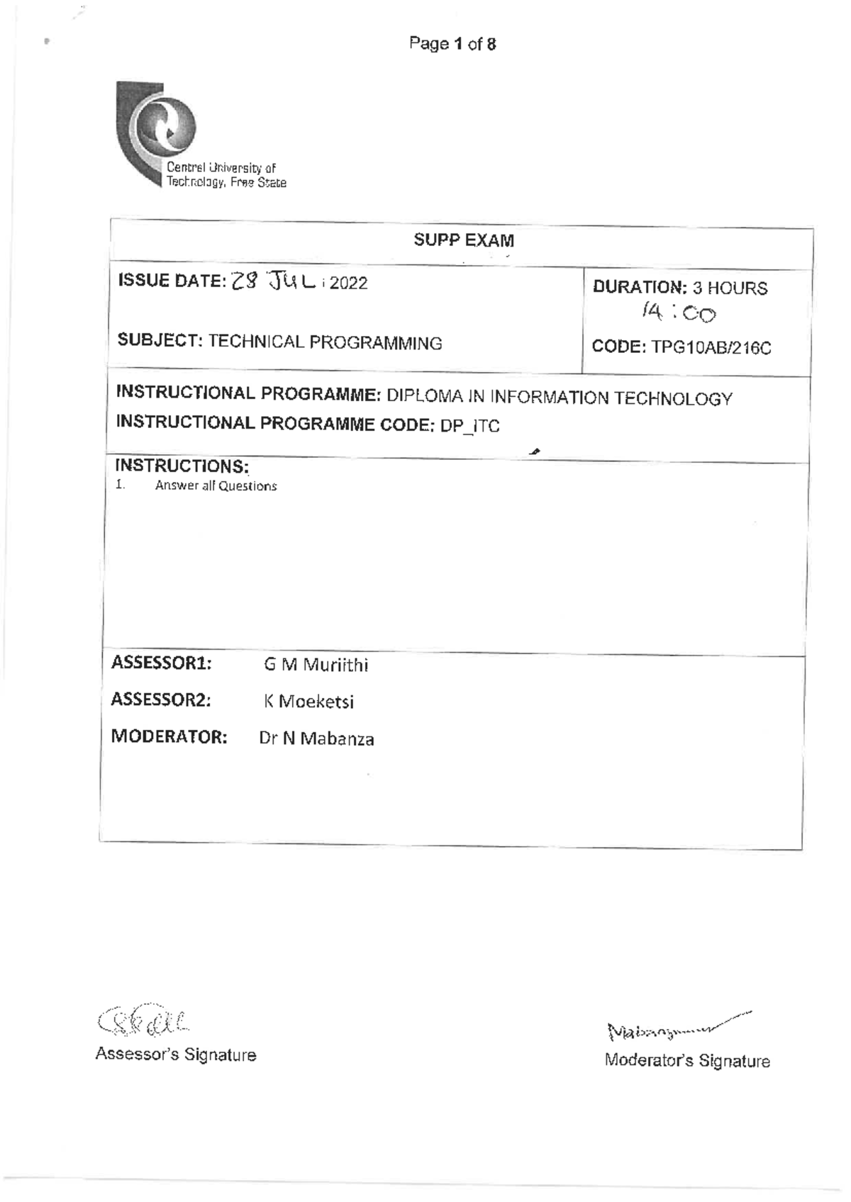 TPG216C SP S1-2022 - Previous years question paper - ITS316C - Studocu