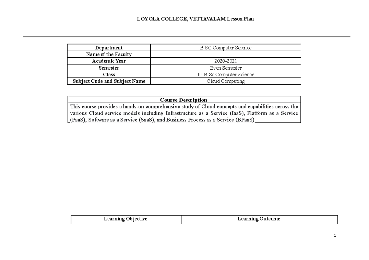 Cloud Computing - jldfgjghsfdb - LOYOLA COLLEGE, VETTAVALAM Lesson Plan ...