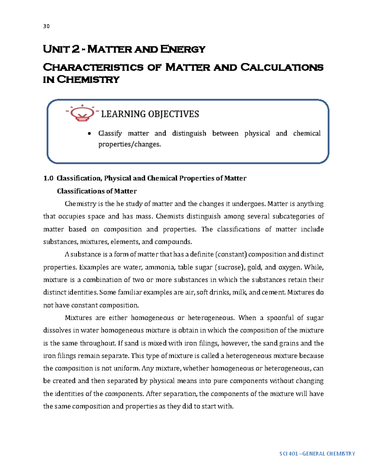 Lecture 2 Characteristics of Matter and Calculations in Chemistry - SCI ...