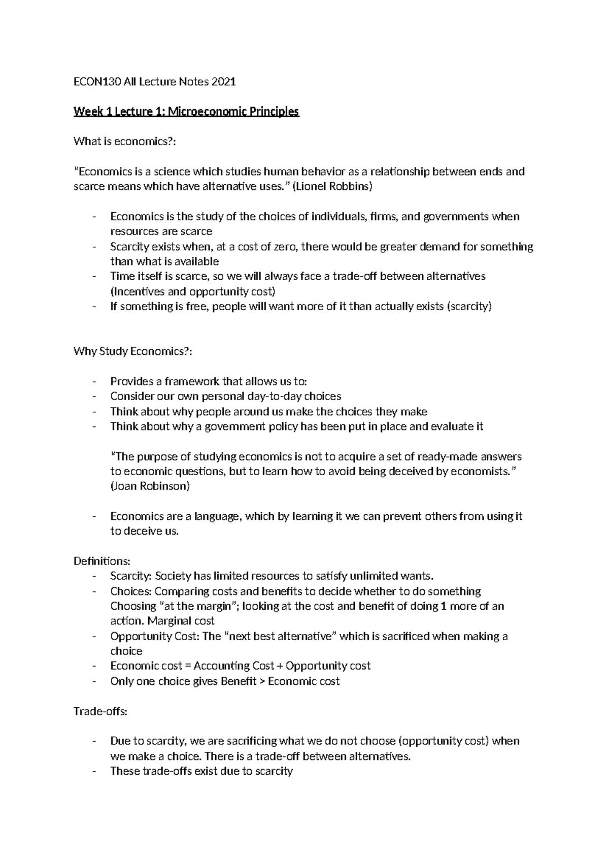 ECON130 Lecture Notes - ECON130 All Lecture Notes 2021 Week 1 Lecture 1 ...