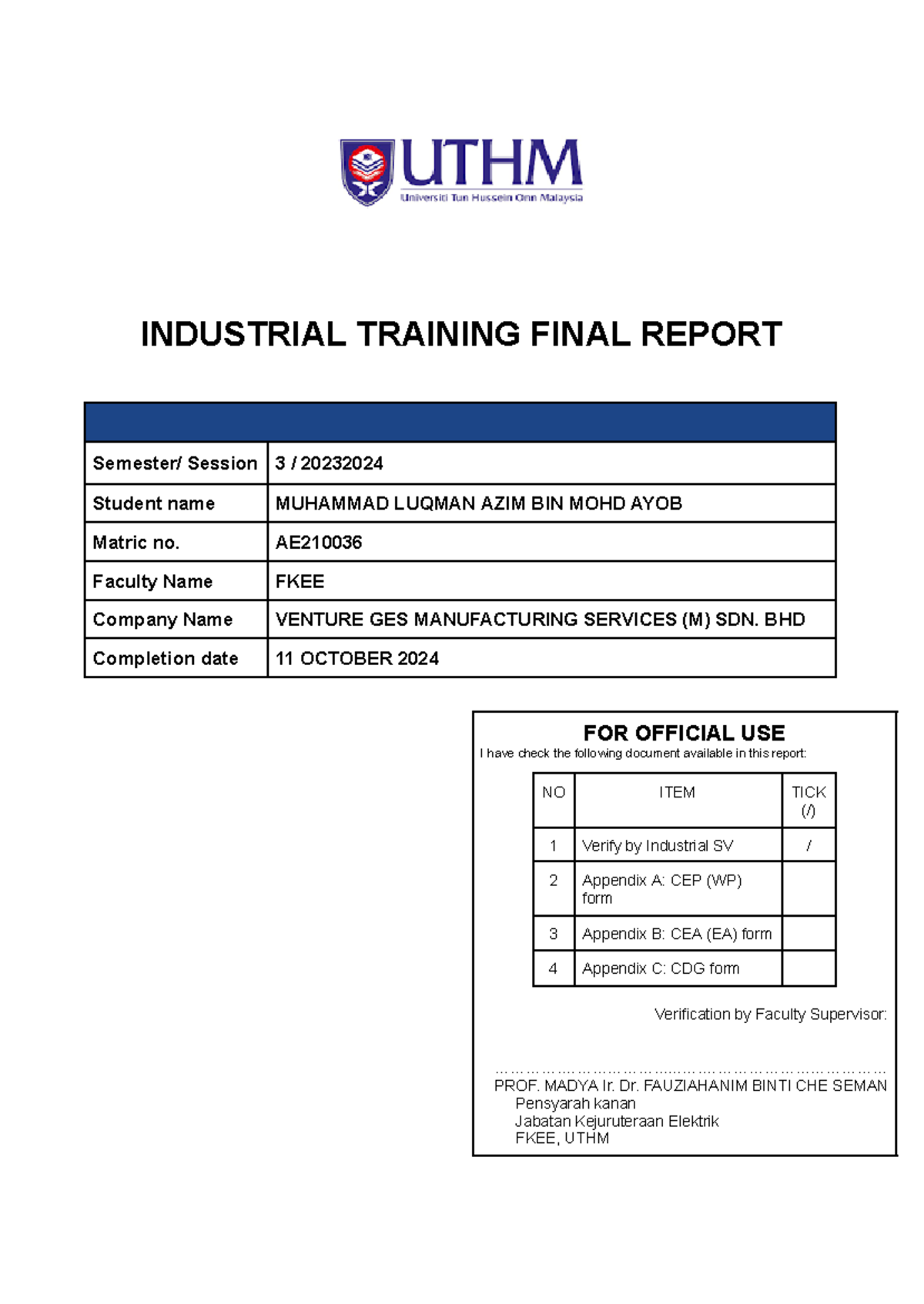 Final Report latihan Industri - Venture GES Manufacturing - INDUSTRIAL ...