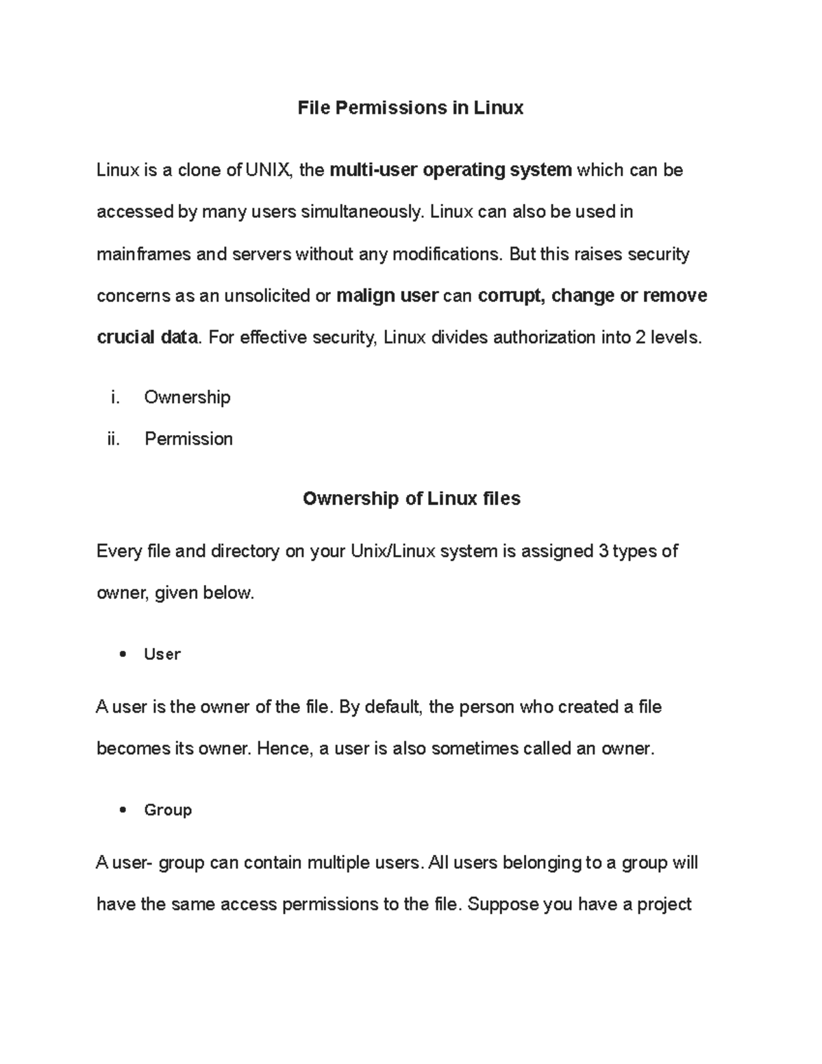 File Permissions in Linux - File Permissions in Linux Linux is a clone ...