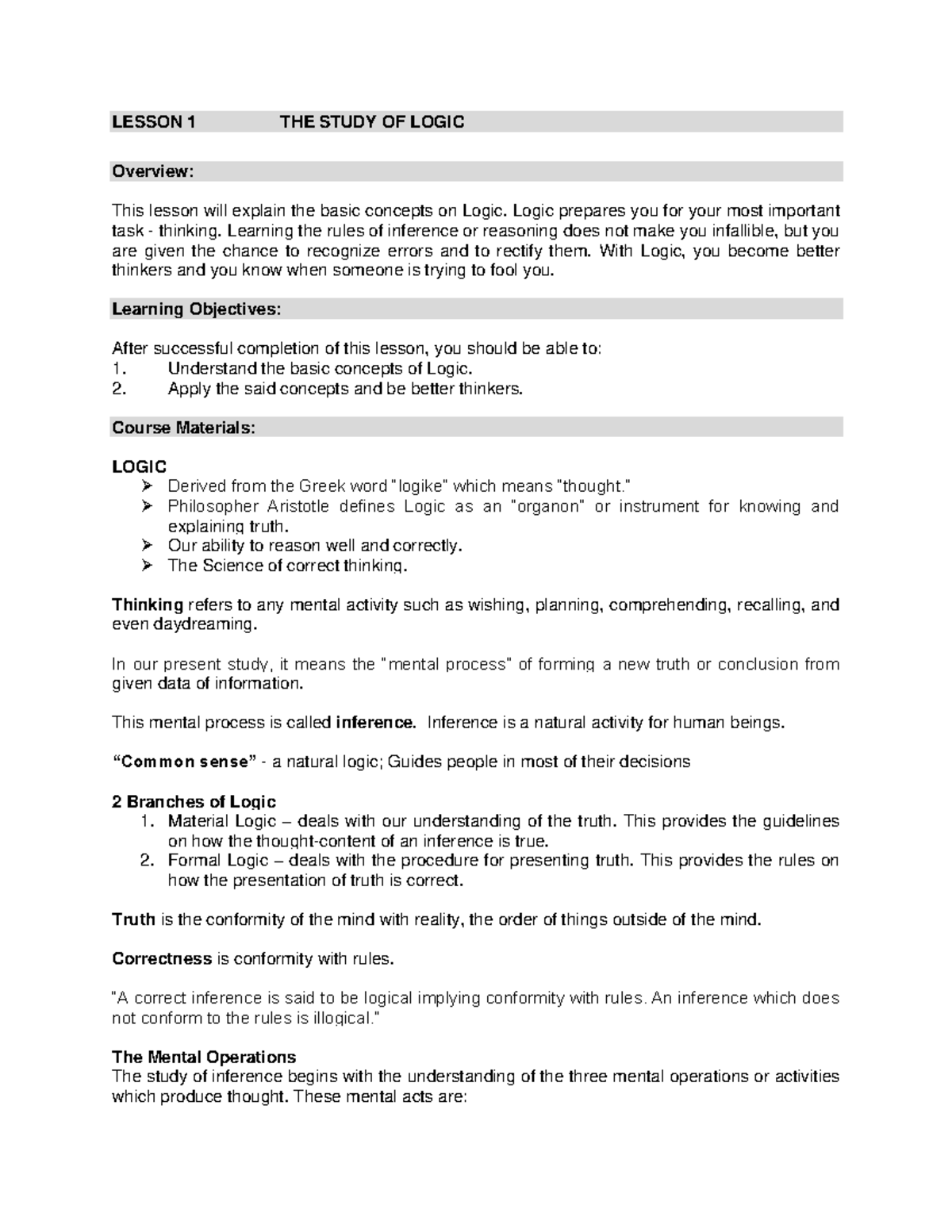 Lesson 1-4 - Notes - LESSON 1 THE STUDY OF LOGIC Overview: This lesson ...