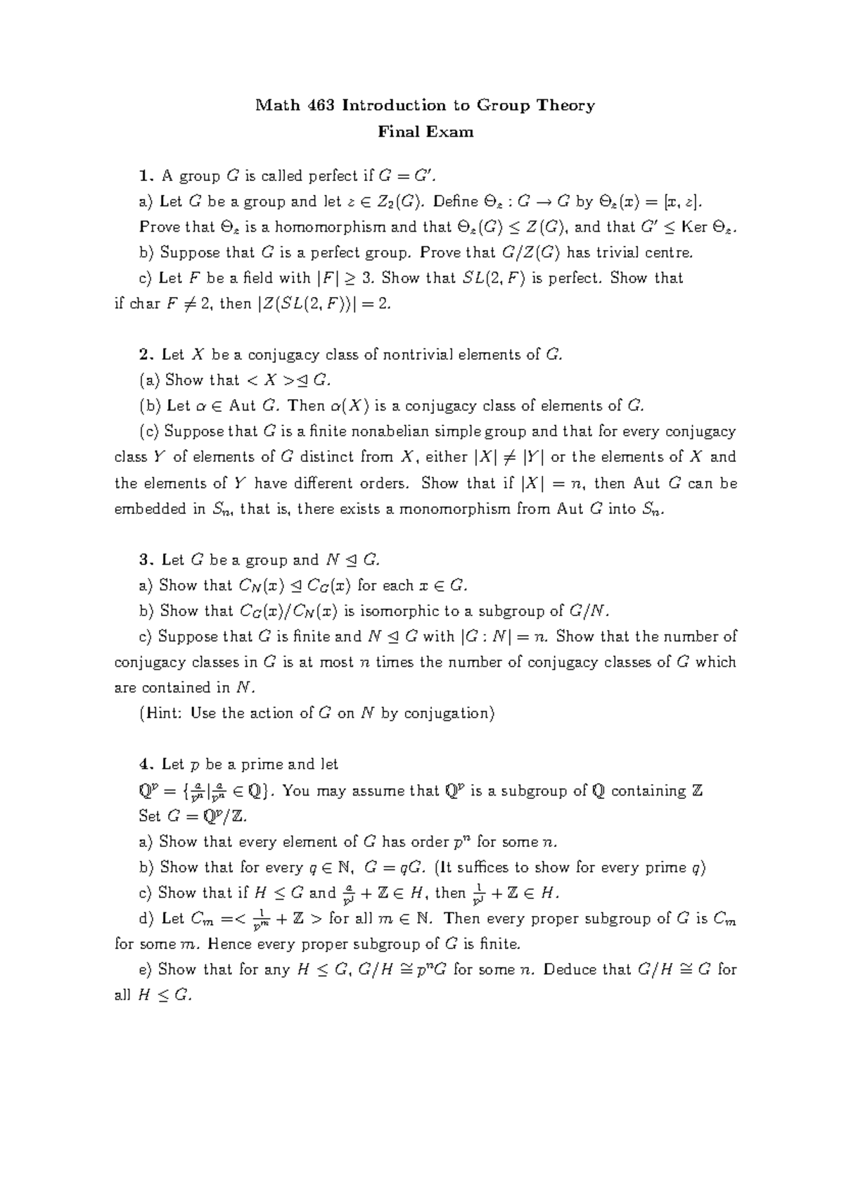 463final - Math 463 Introduction to Group Theory Final Exam A group G ...