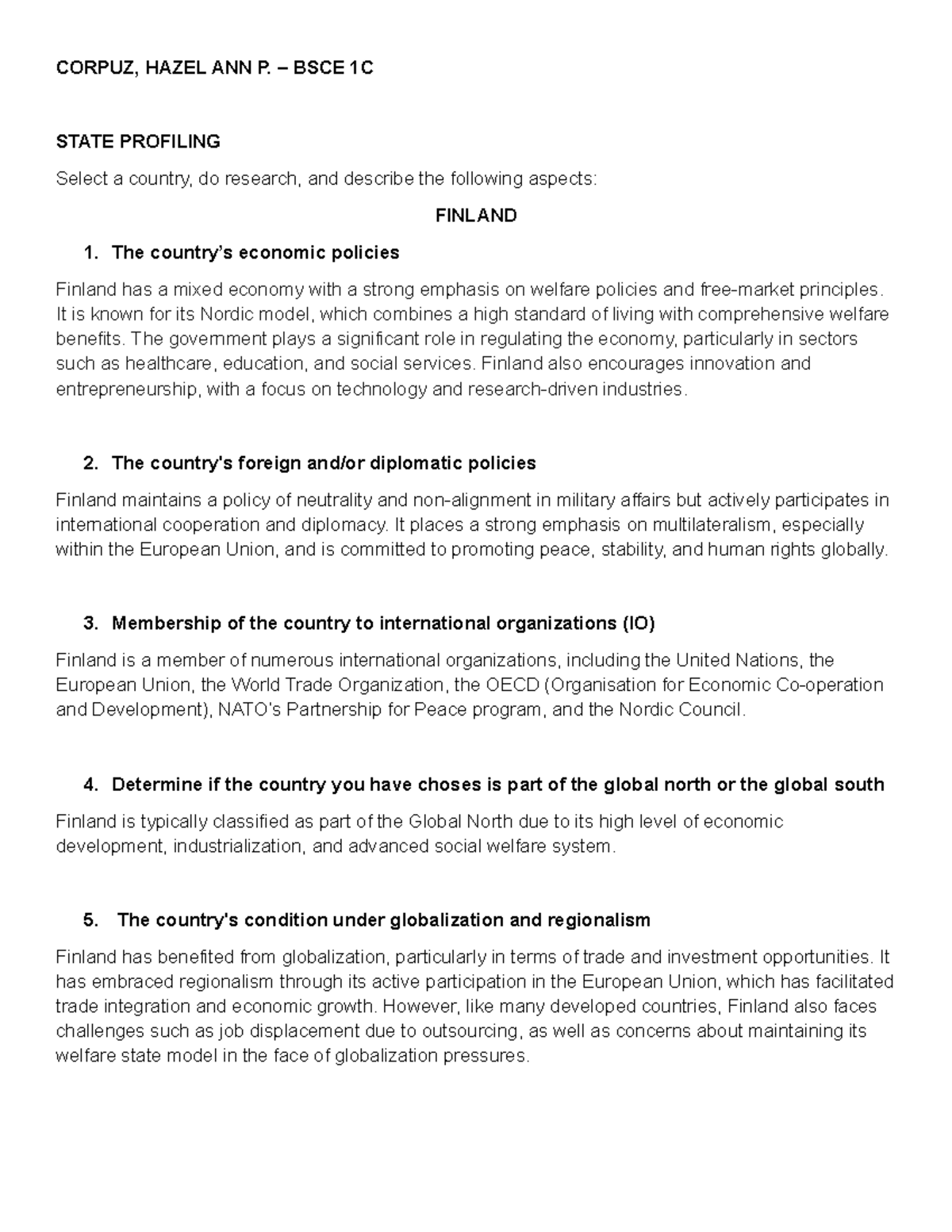 State profiling ( Finland) - CORPUZ, HAZEL ANN P. – BSCE 1C STATE ...