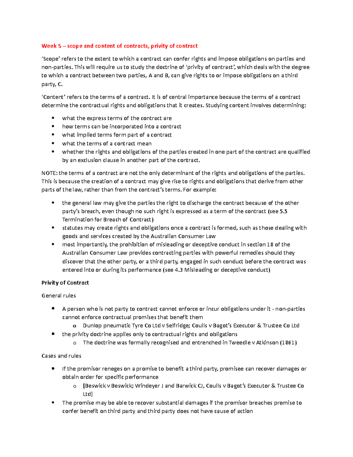 Contracts Exam Notes - Week 5 – scope and content of contracts, privity ...