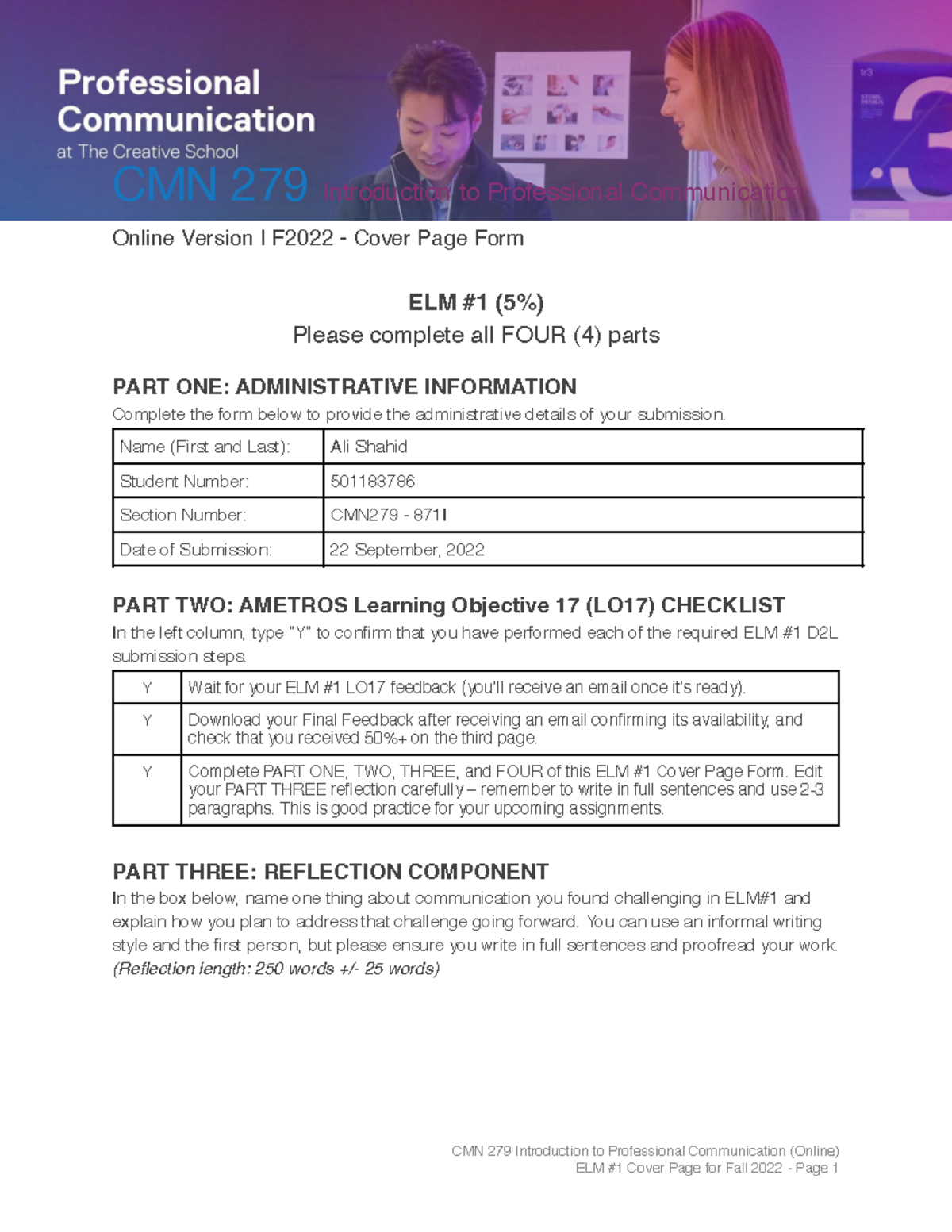 ELM #1 PDF - n m,nb. - CMN 279 Introduction to Professional ...