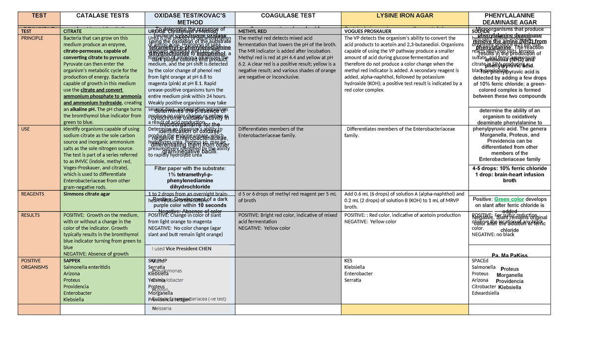 Micro tests - biochem - TEST CATALASE TESTS OXIDASE TEST/KOVAC’S METHOD ...