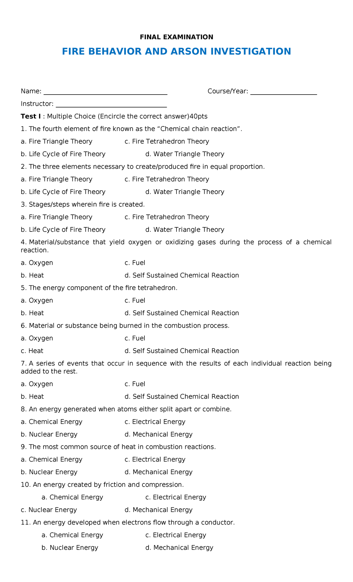 Fire Investigation Final Examination - FINAL EXAMINATION FIRE BEHAVIOR ...
