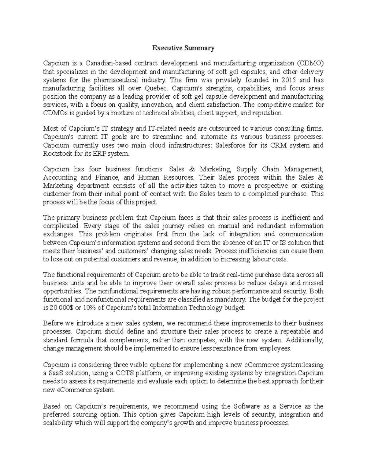 Projectpt 1 - project part 2 10% - Executive Summary Capcium is a ...