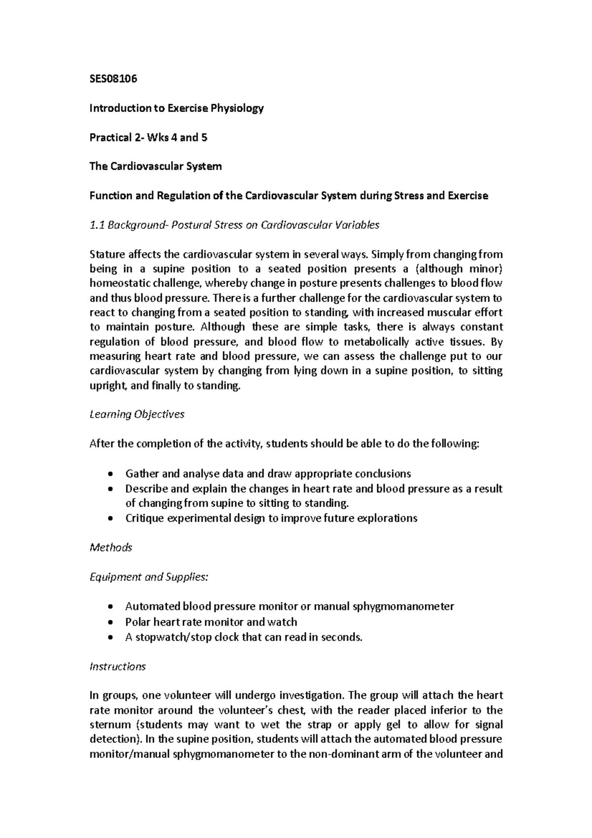 SES08106 Intro to Ex Phys CVS Practical Wks 4 and 5 - SES08106 ...