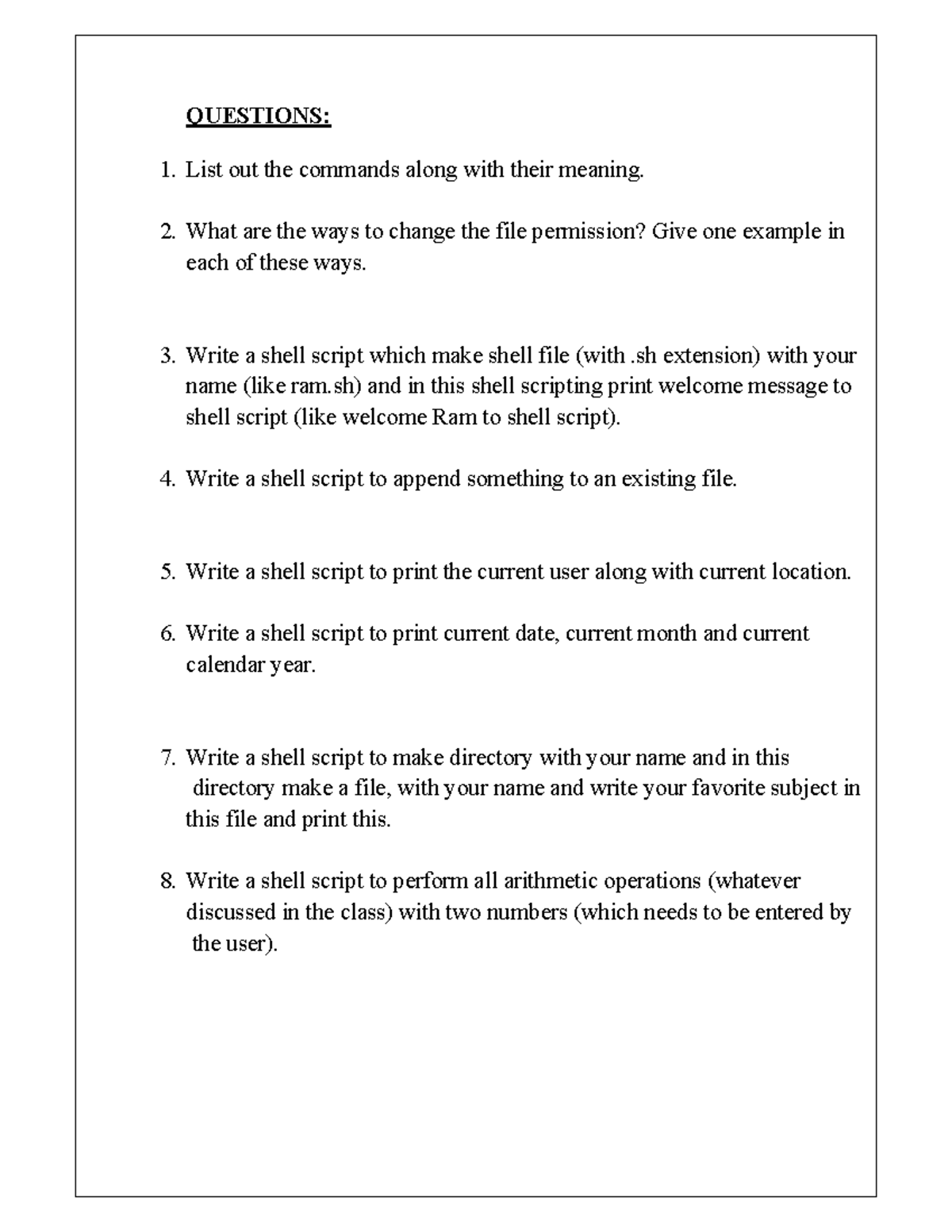 Pca1 Operating Systems Lab 16 Questions List Out The Commands Along With Their Meaning What