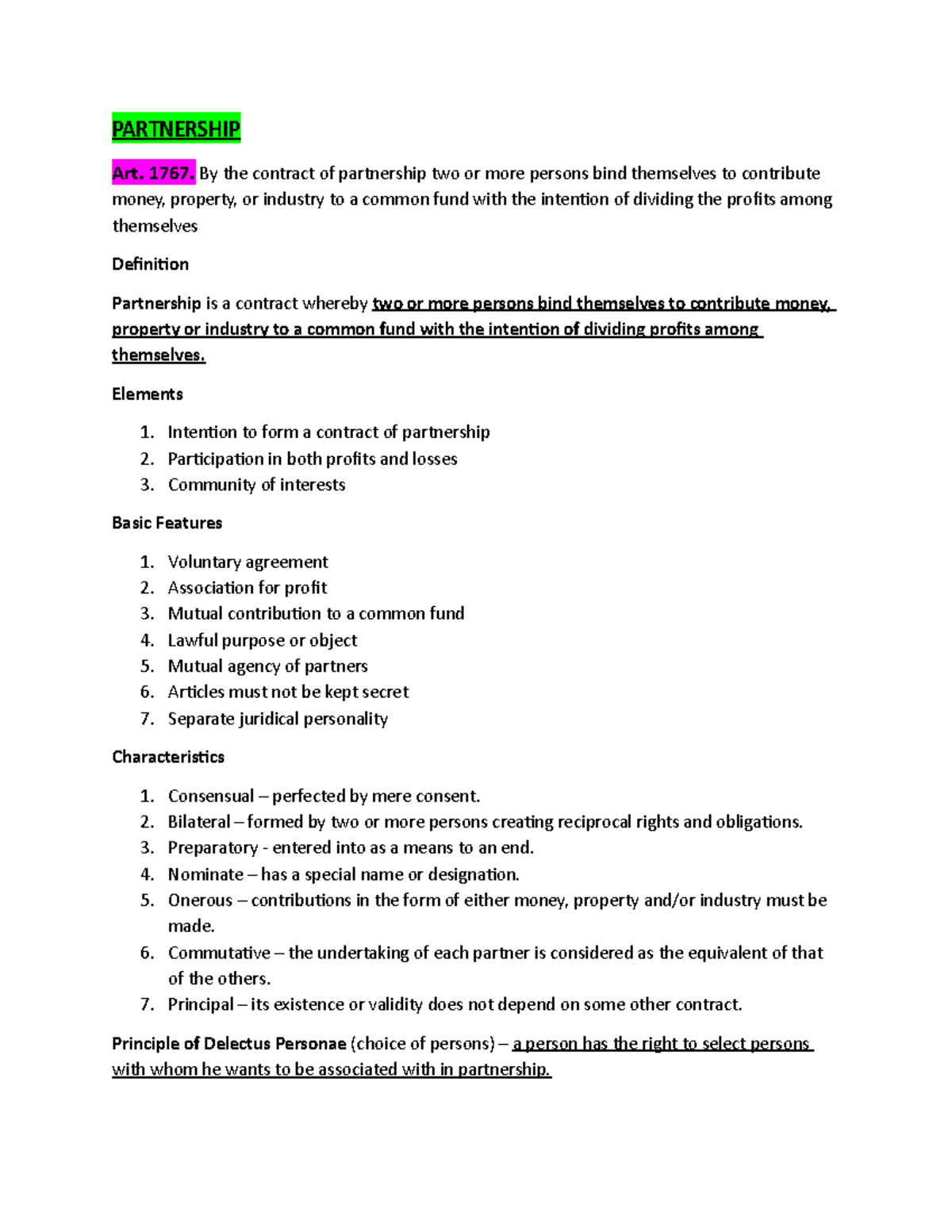 Partnership lecture notes - PARTNERSHIP Art. 1767. By the contract of ...