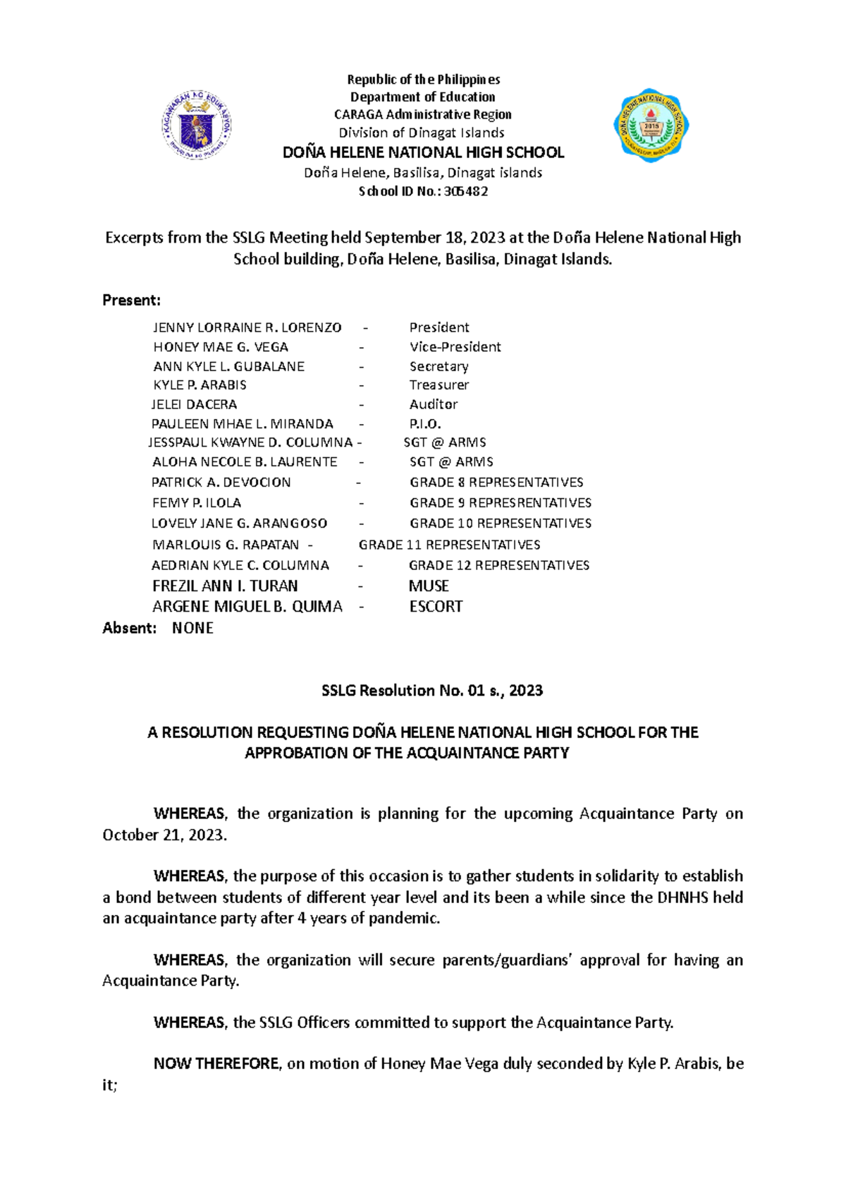 Resolution 01 - thank you - Republic of the Philippines Department of ...