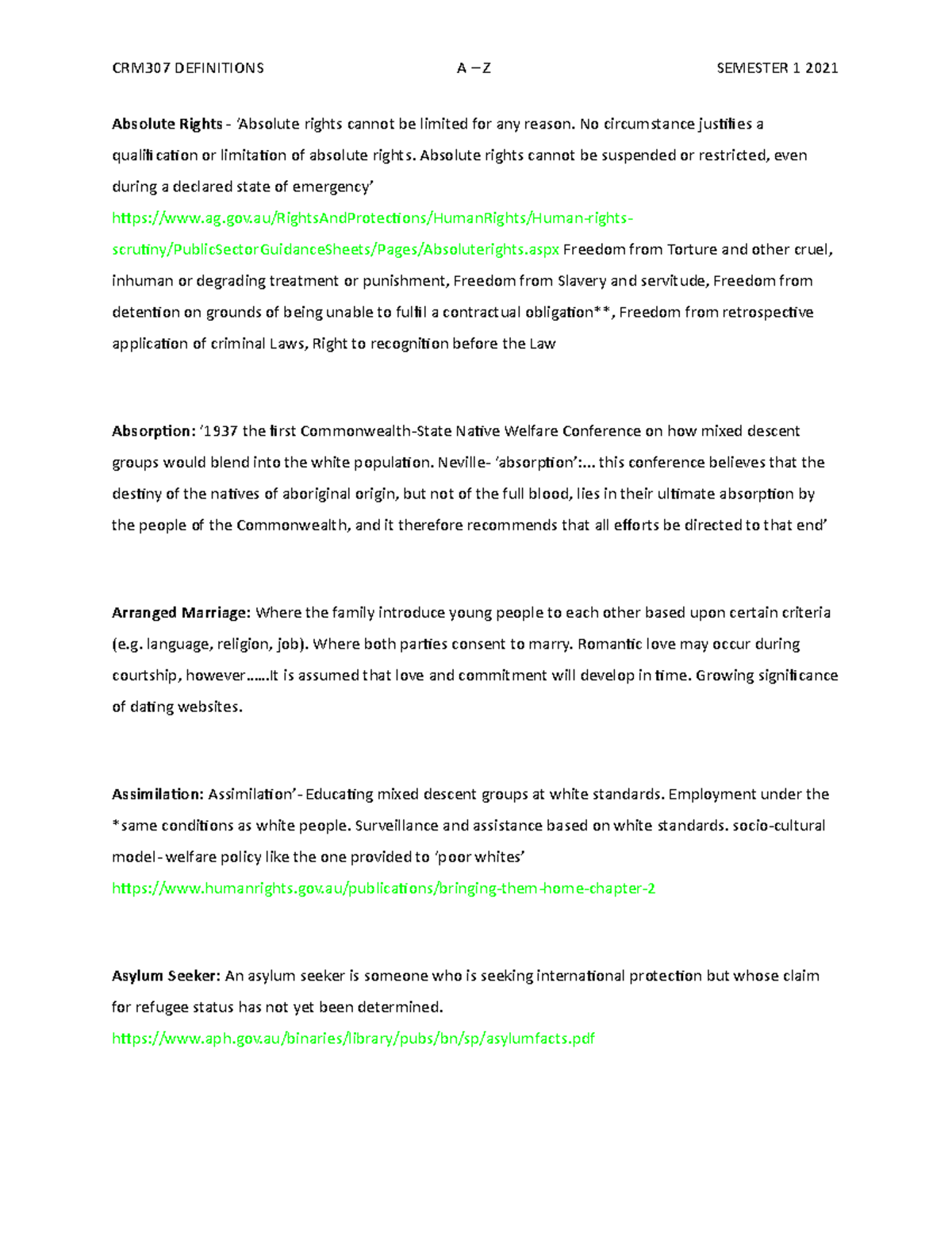 CRM307 Definitions - WHOLE TOPIC WK 1 - 11 - Absolute Rights ...