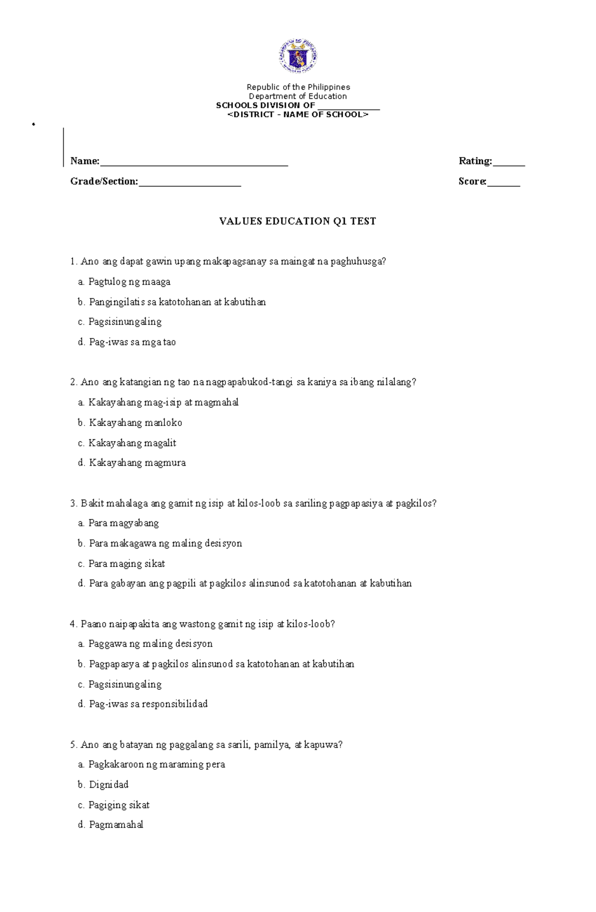 Grade 7 Values Q1 TEST - TEST - Department of Education SCHOOLS ...