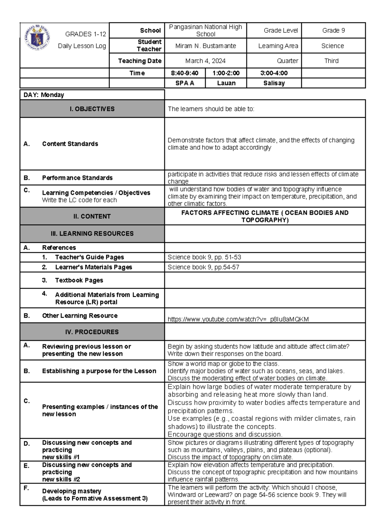 lesson plan for factors affecting climate change (ocean bodies and ...