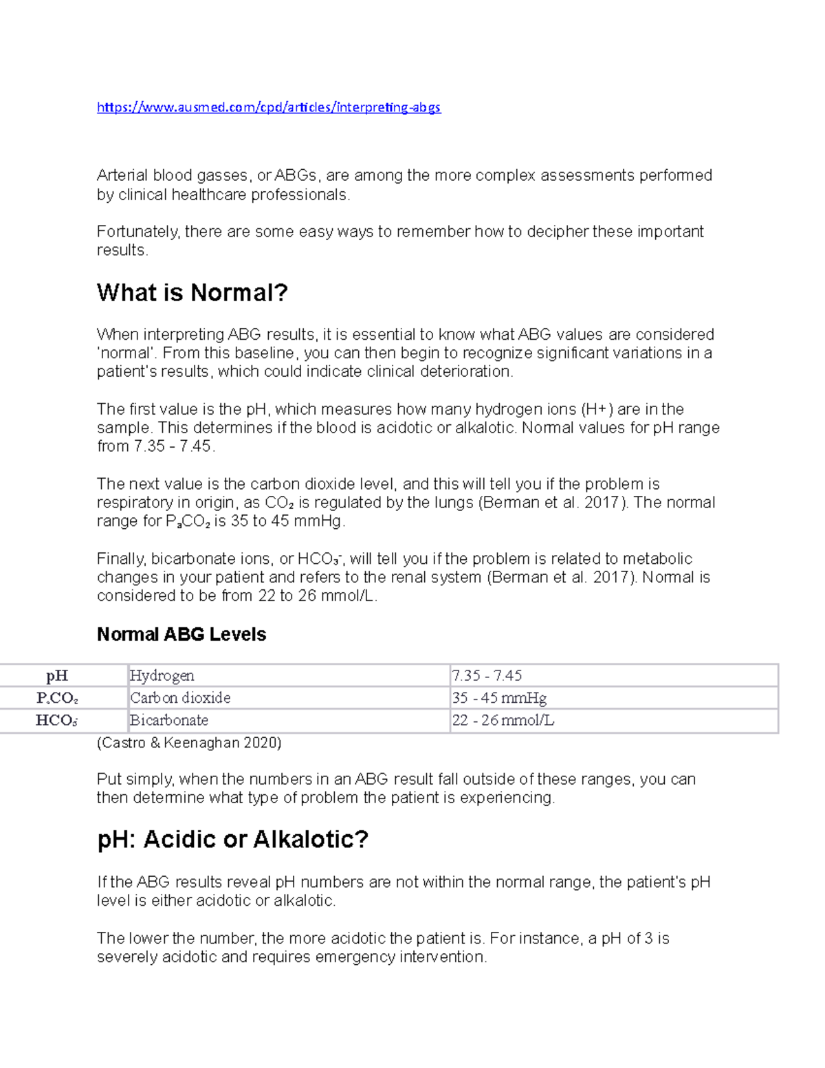 Breakdown of ABG analysis and values - ausmed/cpd/articles/interpreting ...