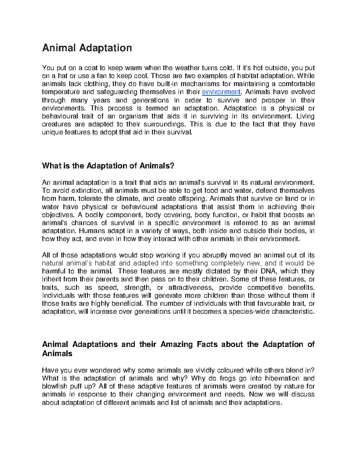Animal Adaptation - Lecture notes 8 - Animal Adaptation You put on a ...
