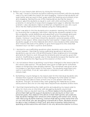 C935, Task 3 - Passed - B. Reflect on your overall teaching experience ...