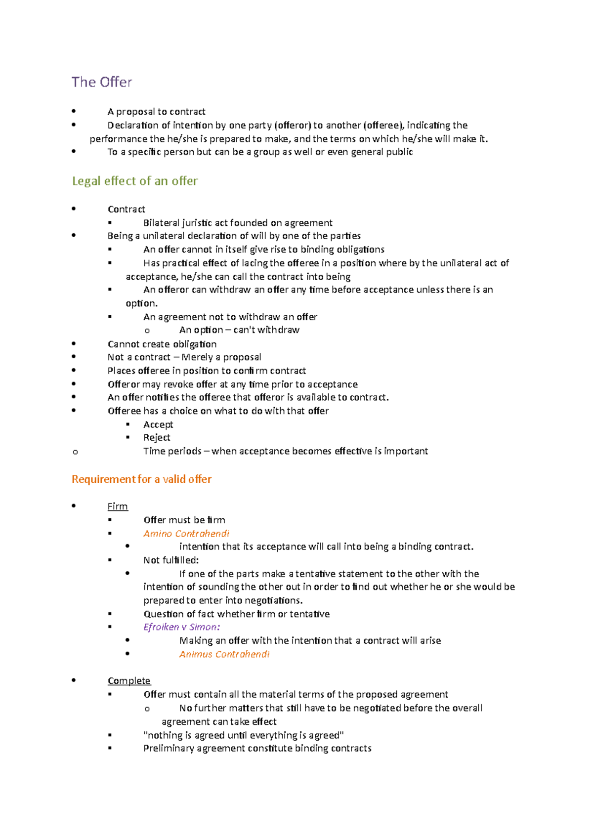 The Offer - Lecture notes 2 - The Offer A proposal to contract ...