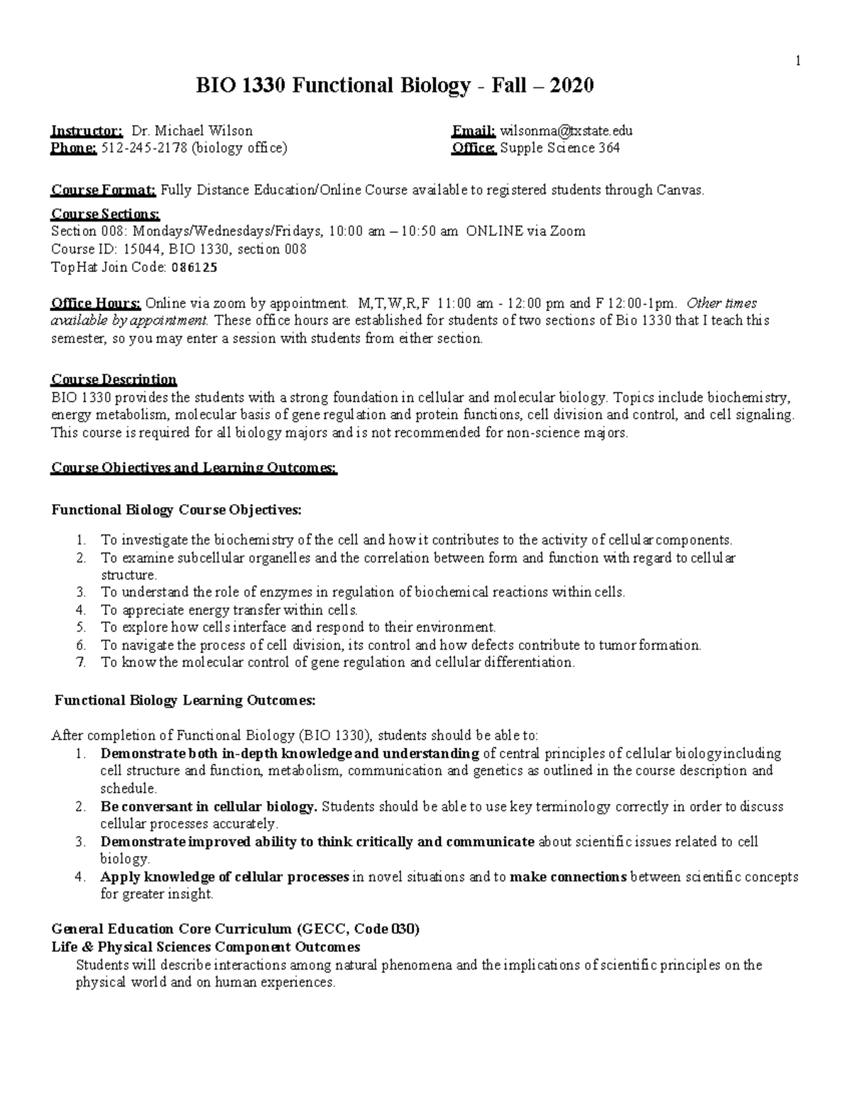 Syllabus - BIO1330.008 FALL 2020 v1.0 - BIO 1330 Functional Biology ...