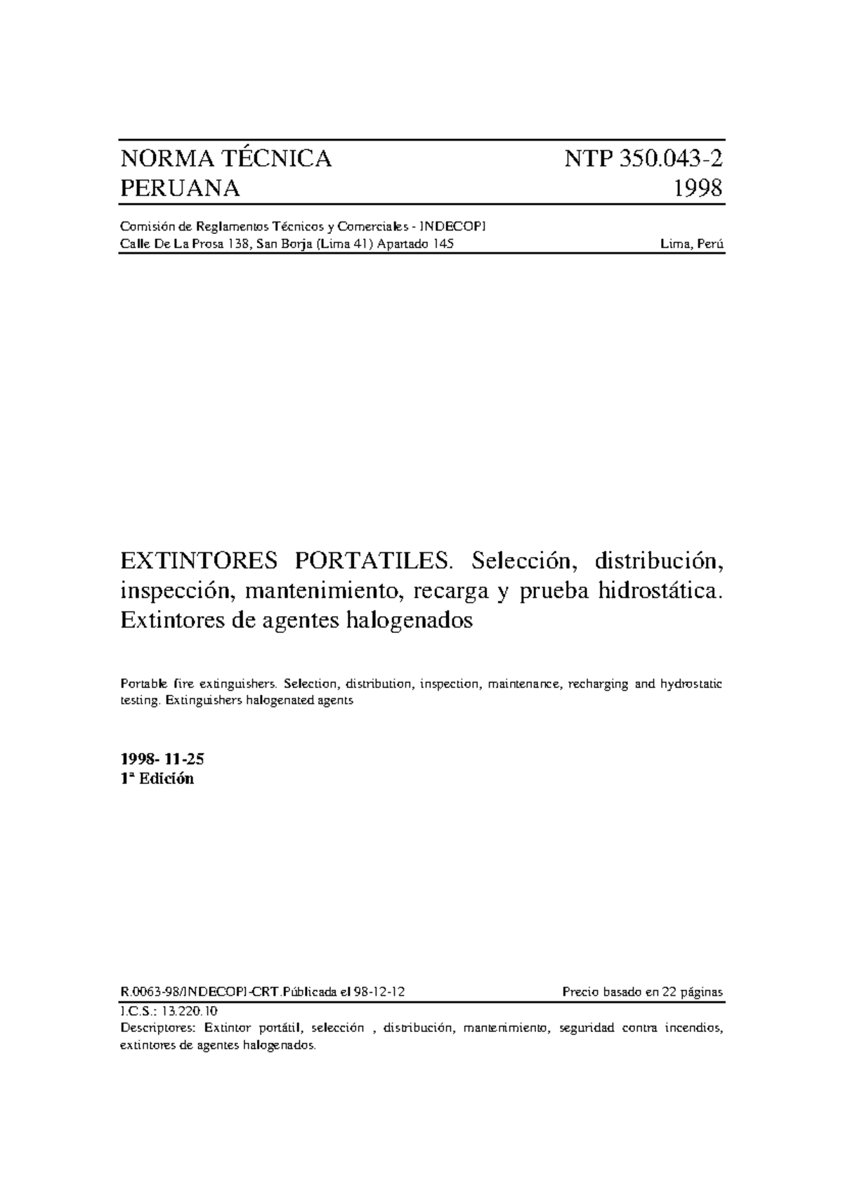 NTP 350 - Norma Técnica Peruana de extintores. - PERUANA 1998 Comisión de Reglamentos Técnicos y ...