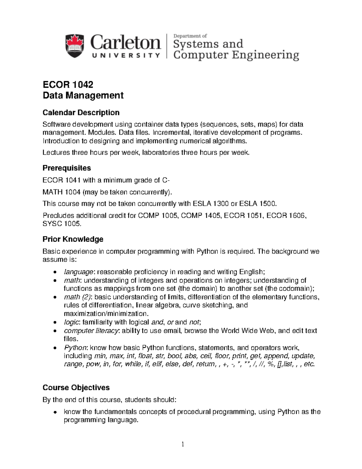 ECOR1042 Course Outline F21 - ECOR 1042 Data Management Calendar ...