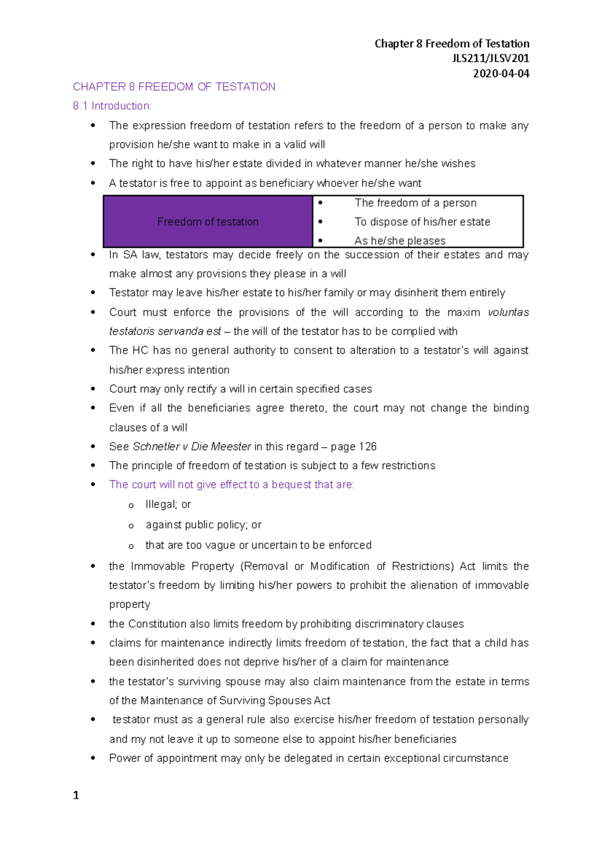 Chapter 8 Freedom of testation - Summary - JLS211/JLSV 2020-04- CHAPTER ...