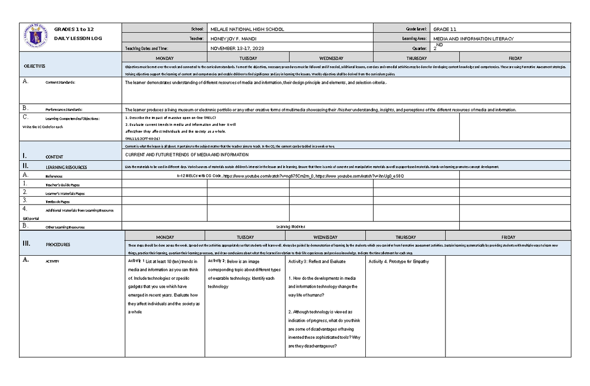Week 1 - MIL - GRADES 1 to 12 DAILY LESSON LOG School: MELALE NATIONAL ...