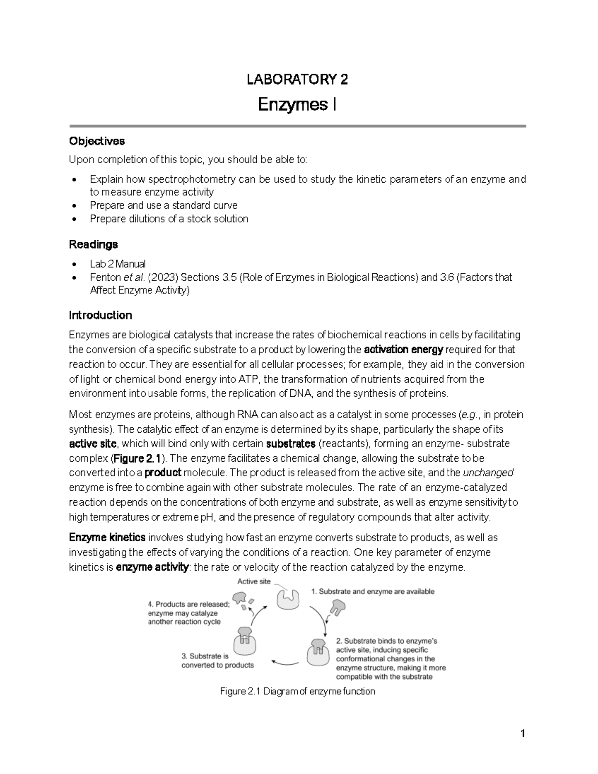 Lab 2 Manual F23 - LABORATORY 2 Enzymes I Objectives Upon completion of ...