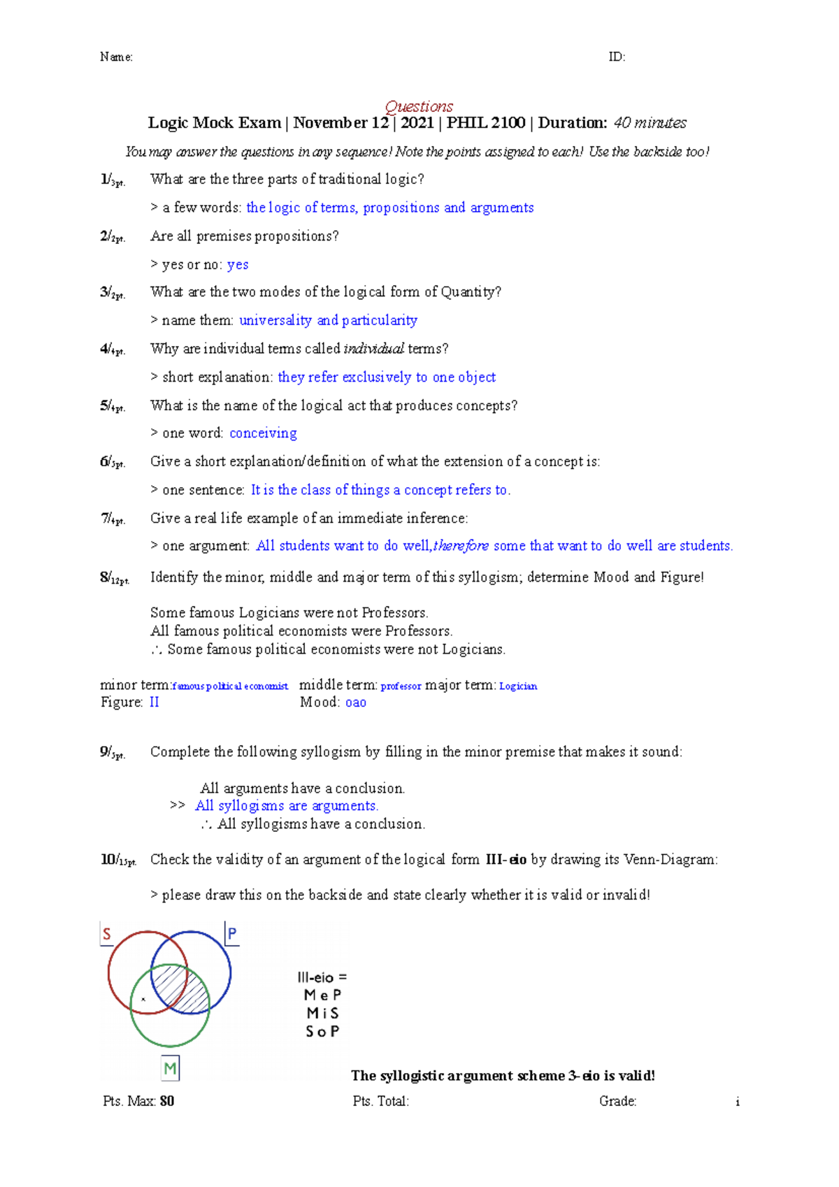 Logic Mock Exam Solutions OF PHILOSOPHICAL THINKING - Name: ID ...