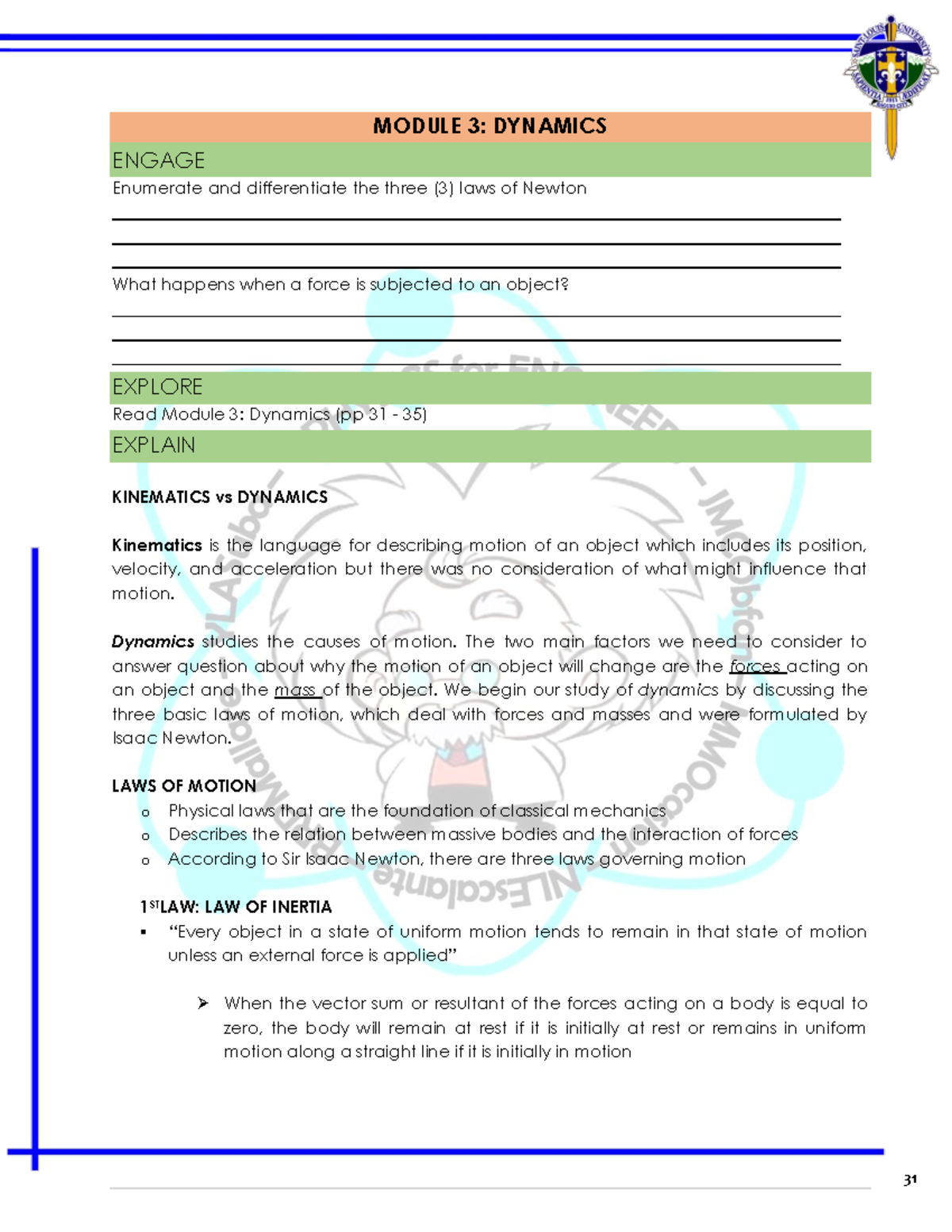 Module 3 Dynamics - Supplemental Materials on Engineering Physics ...