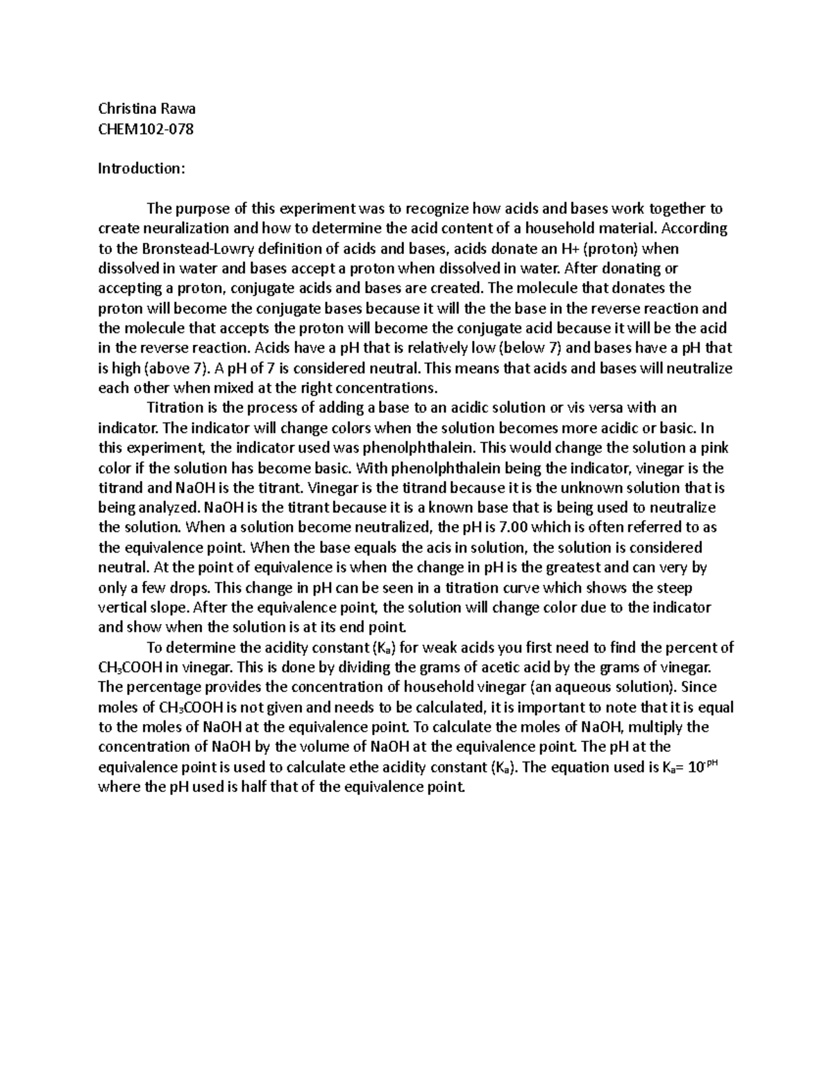 CHEM102 Acid Base Lab - Christina Rawa CHEM102- Introduction: The ...