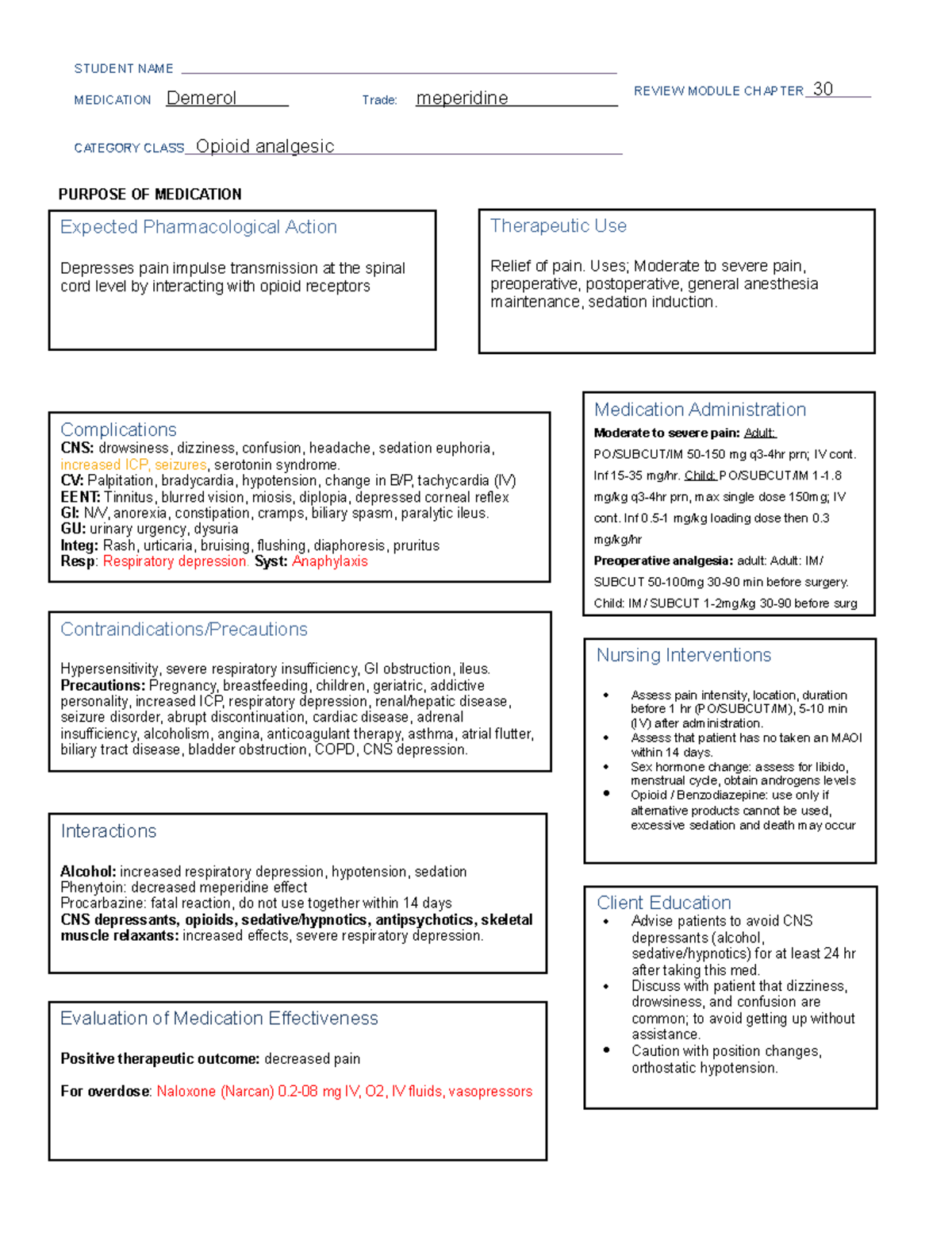 Medication card Demerol - STUDENT NAME MEDICATION Demerol Trade ...