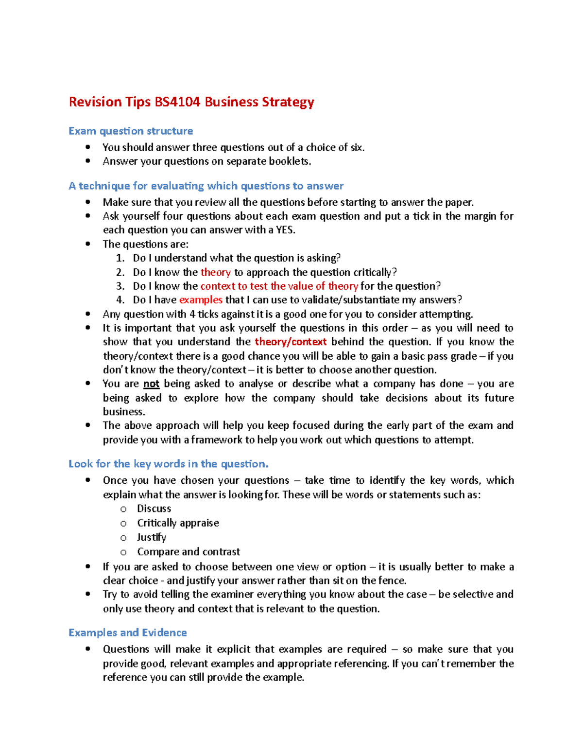 Exam 18 May 2015, questions - Revision Tips BS4104 Business Strategy ...