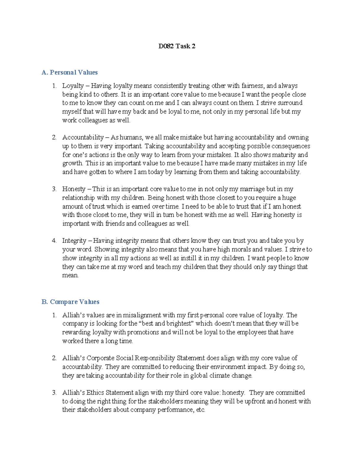 D082 Task 2 - Task 2 of the EI test - D082 Task 2 A. Personal Values ...