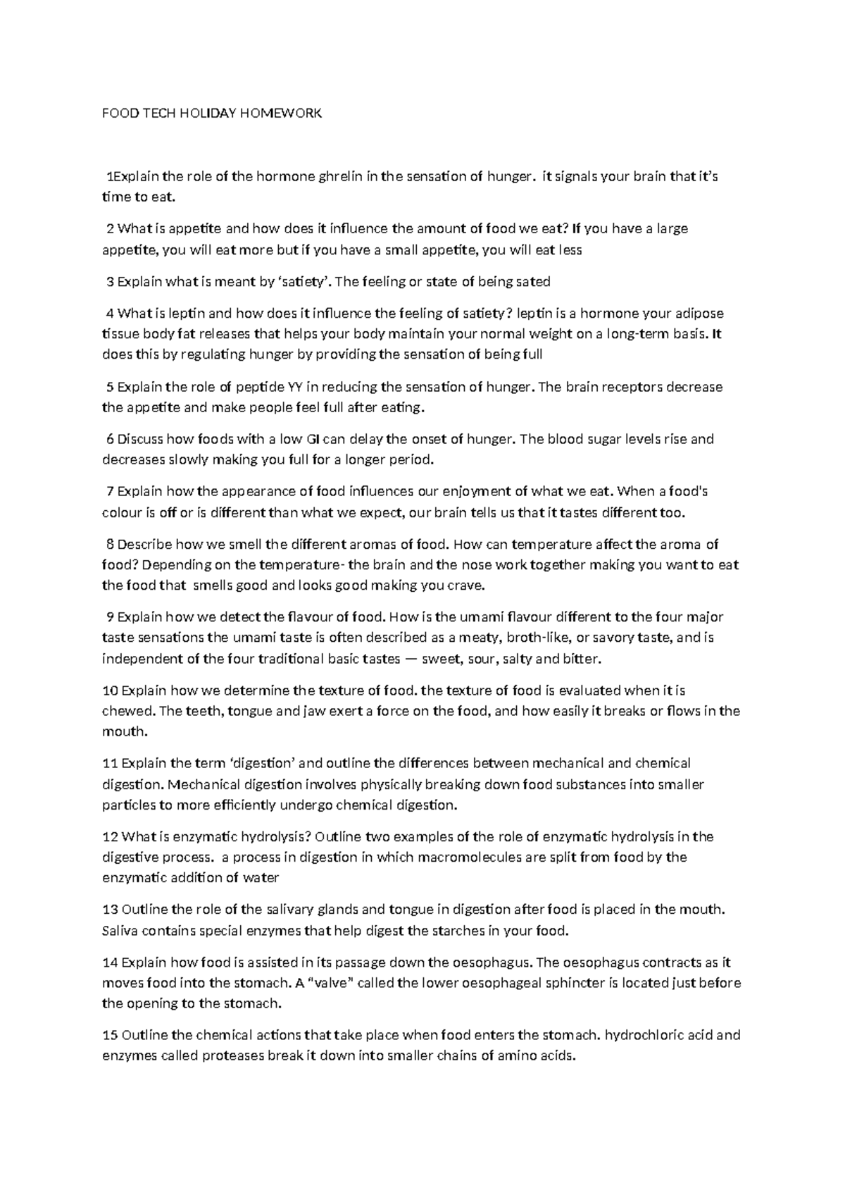 FOOD TECH Holiday Homework practice questions - FOOD TECH HOLIDAY ...
